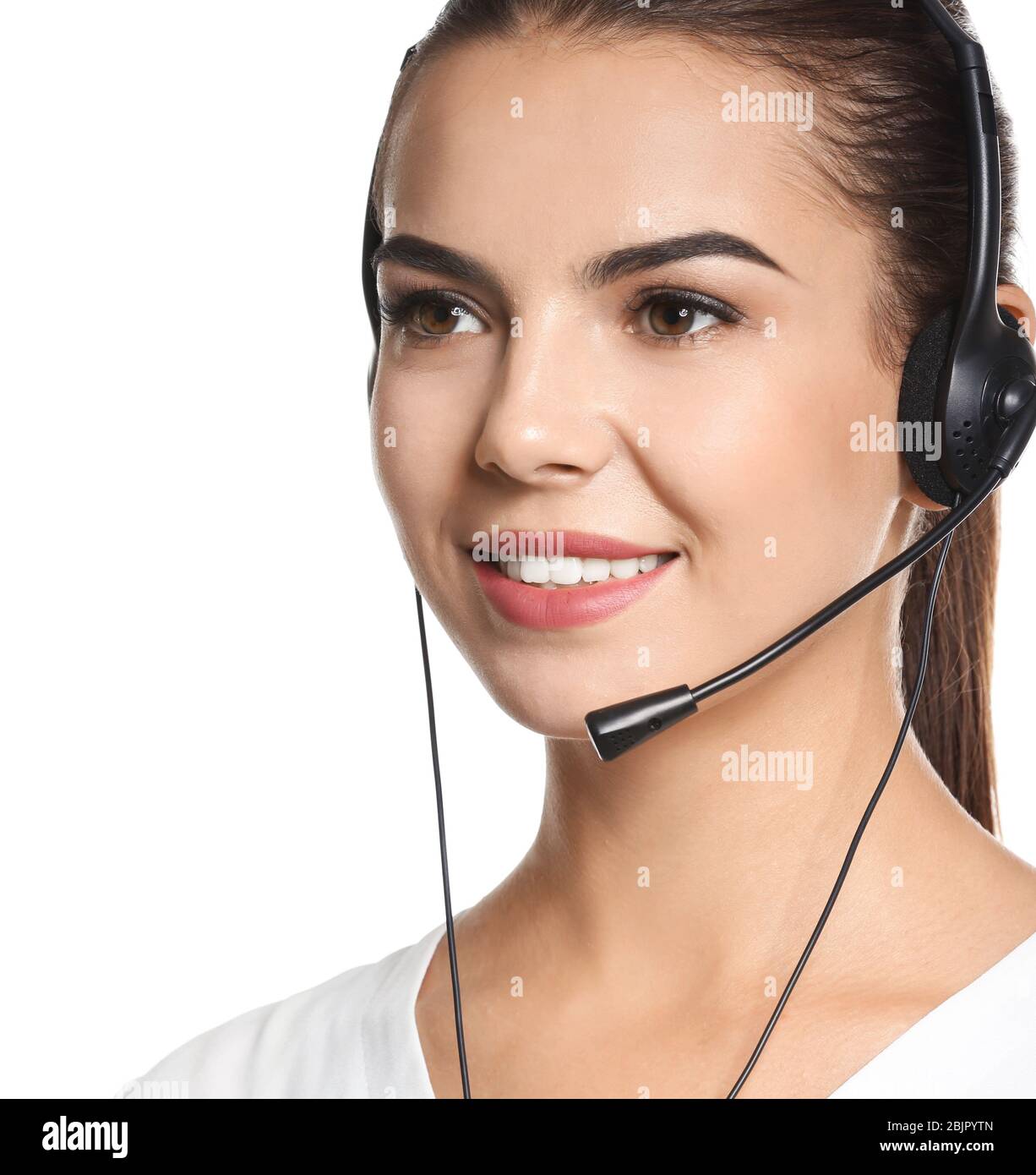 Female consulting manager with headset on white background Stock Photo ...