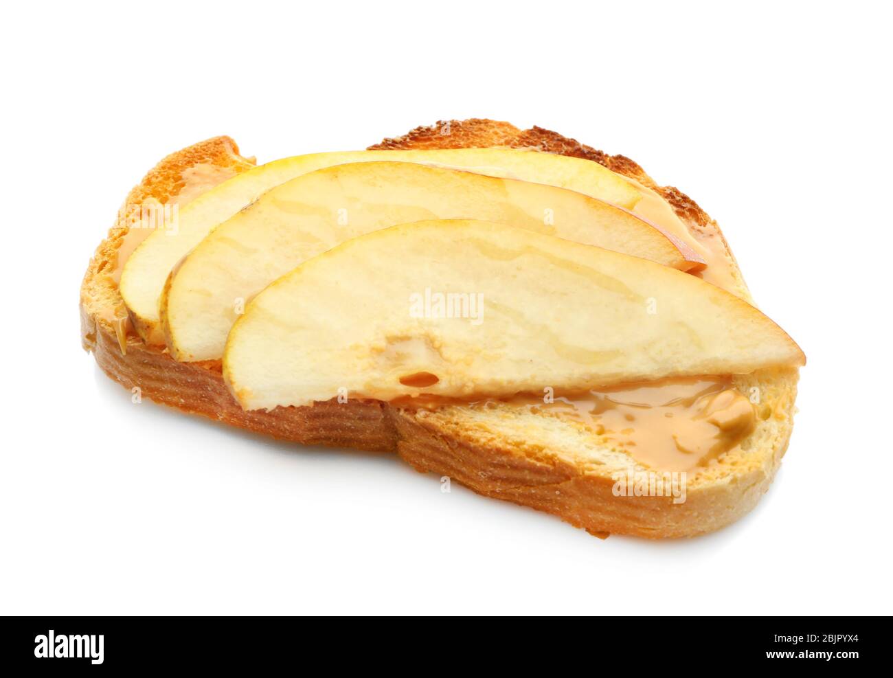 Delicious toast with peanut butter and pear, isolated on white Stock ...