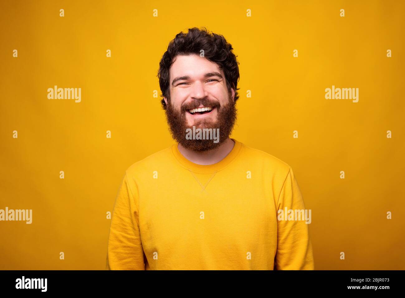 Simple portrait of a smiling bearded man in a positive mood on yellow ...