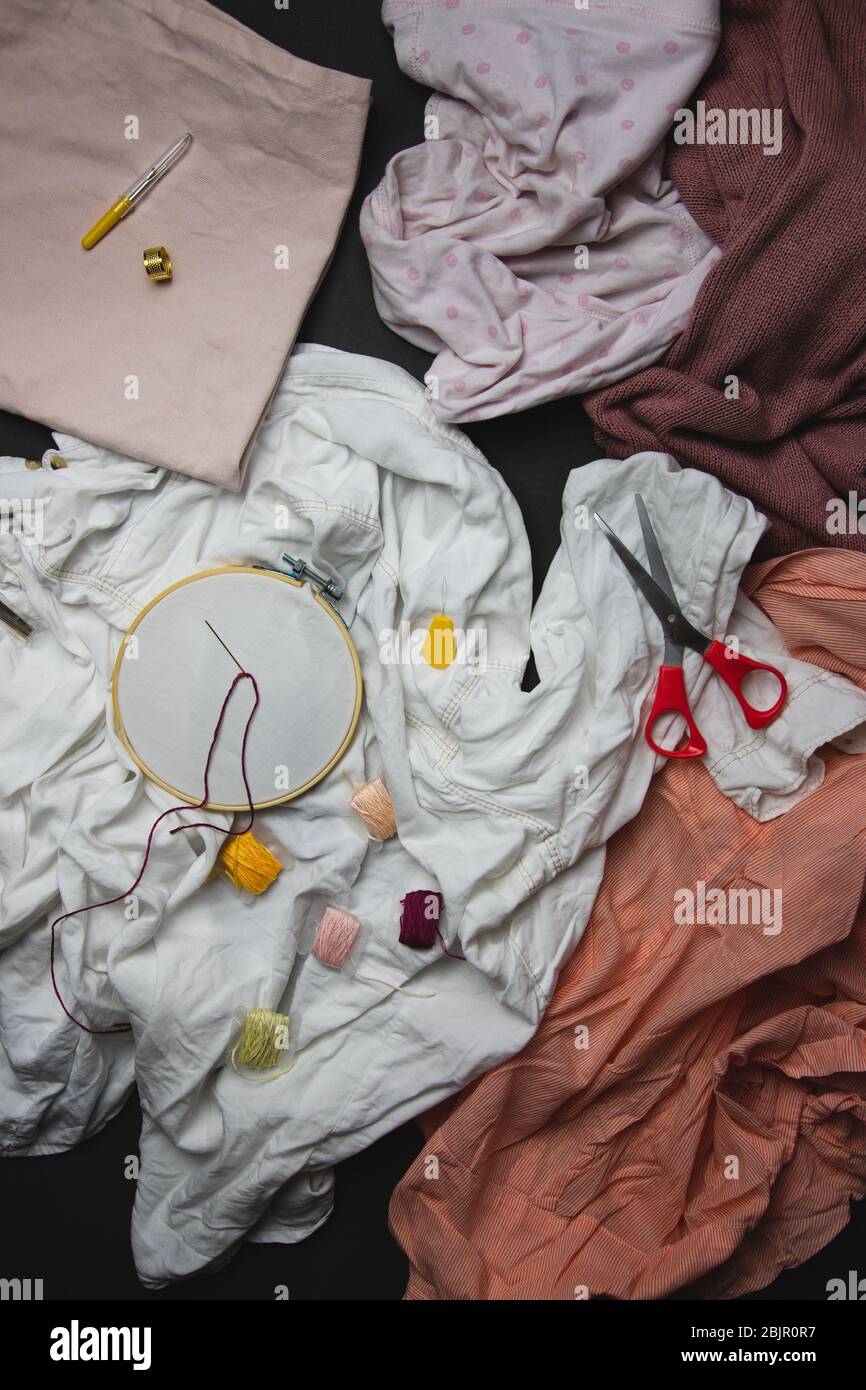 Embroidery tools, knitting, sewing, handwork hobby. Scissors, needle ...