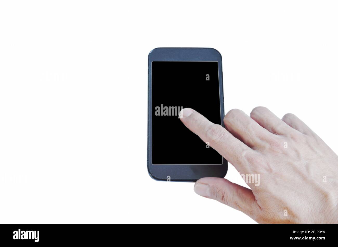 mobile phone with finger pointing on touch screen in white background ...