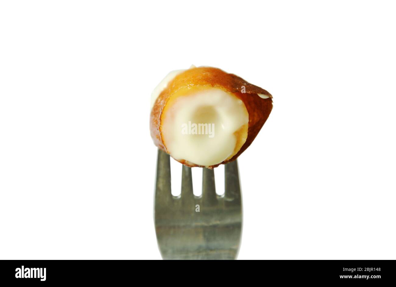 fried chicken sausage stuffed cheese slice and stabbing in fork on ...