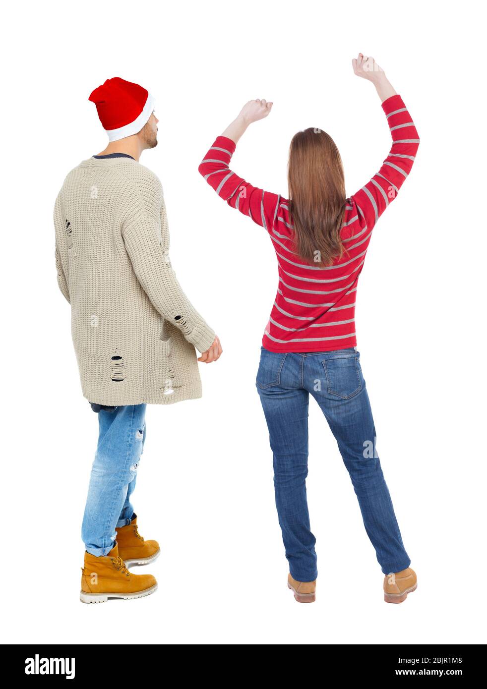 Back view couple in sweater. beautiful man and woman. Rear view people ...