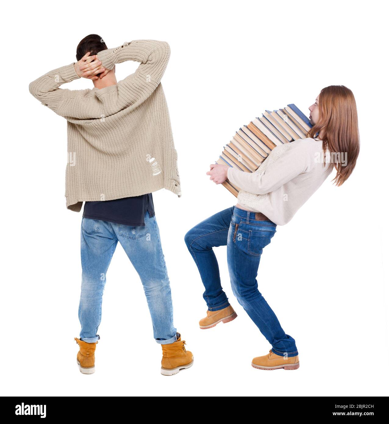 Back view couple in sweater. beautiful man and woman. Rear view people ...