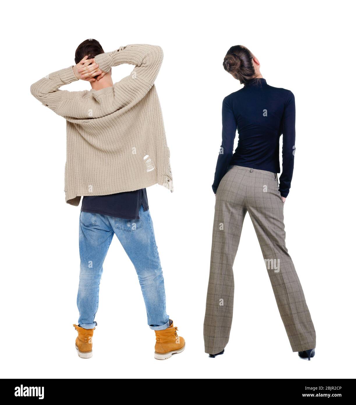 Back view couple in sweater. beautiful man and woman. Rear view people ...