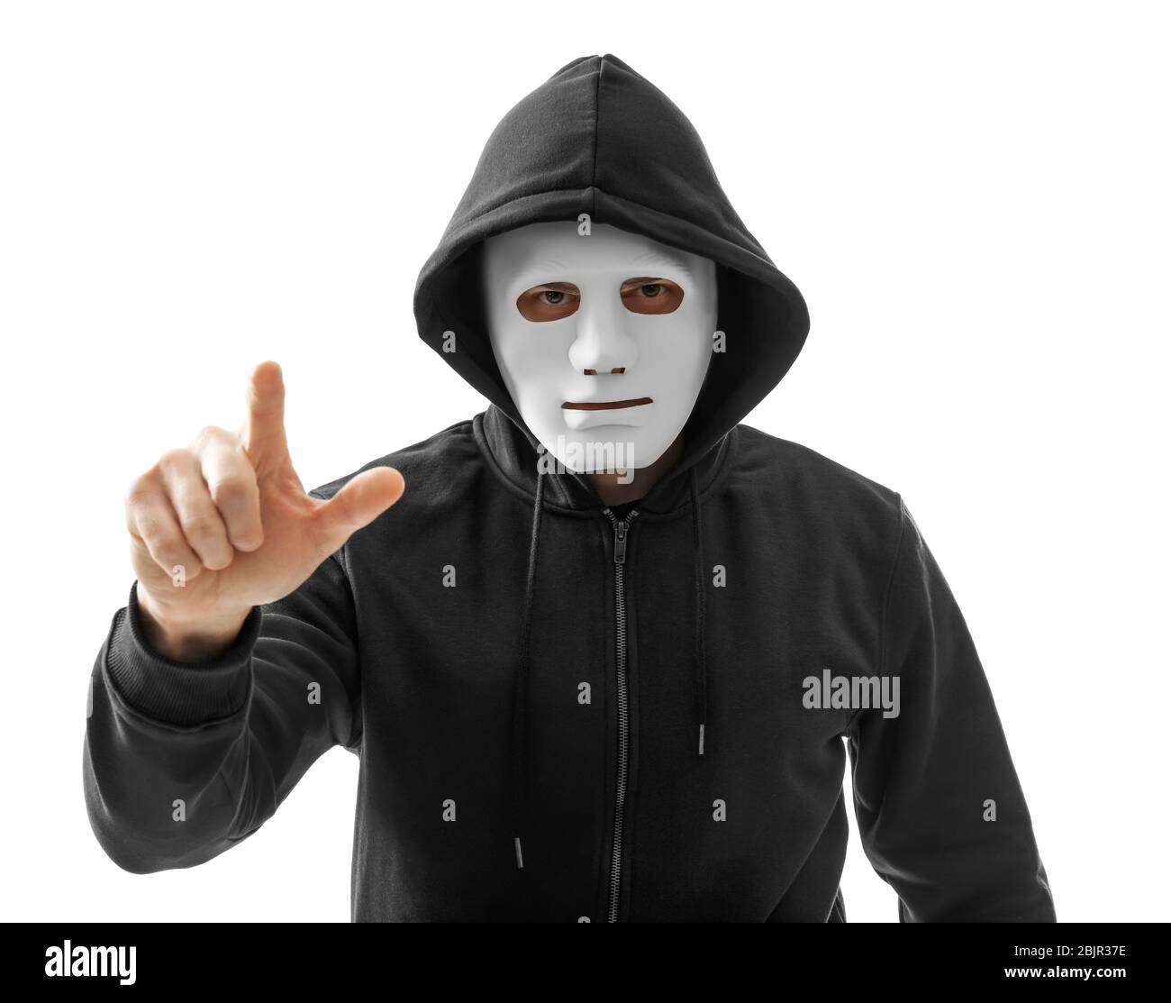 Hacker pushing button on virtual screen against white background Stock ...