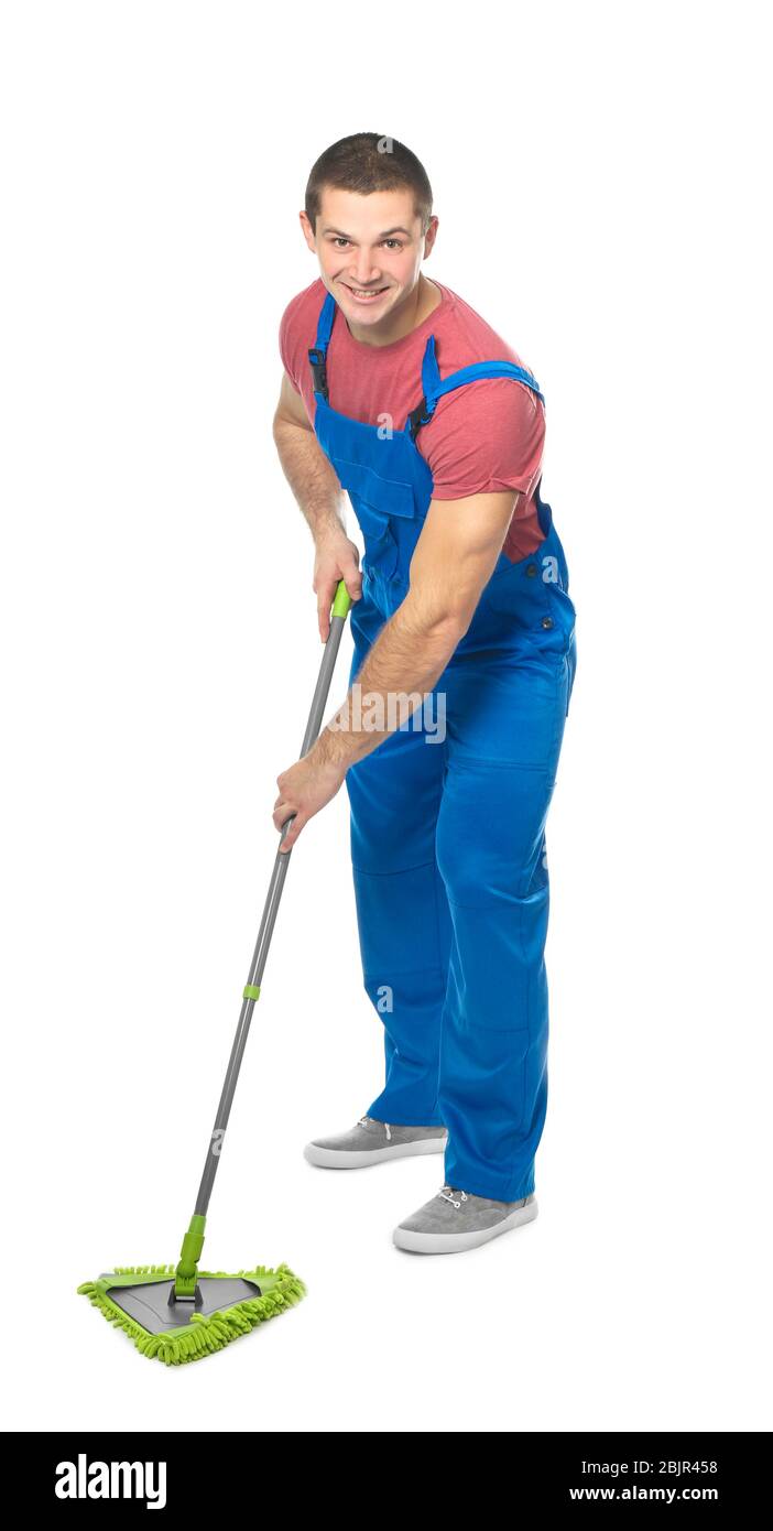 Young man with mop on white background Stock Photo - Alamy