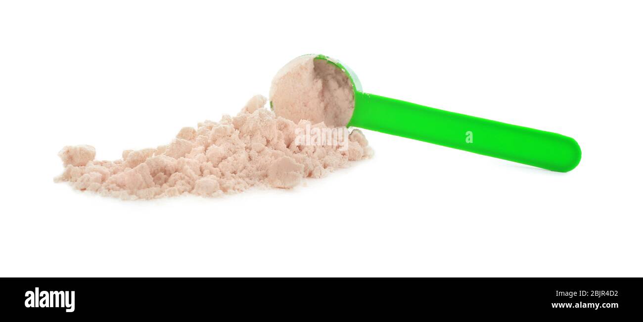 Measuring scoop with protein powder on white background Stock Photo - Alamy