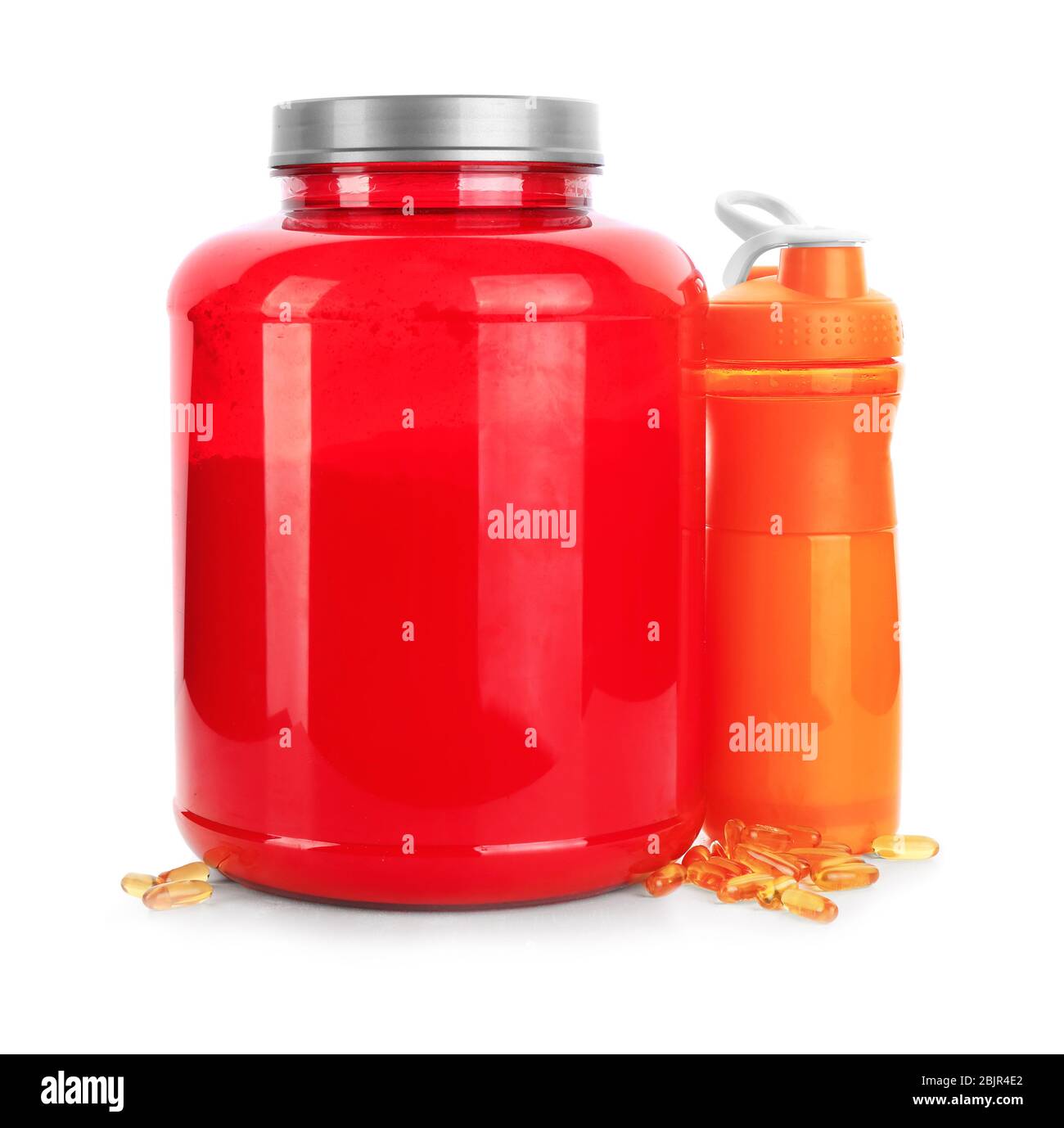 Bottle of protein shake and jar with powder on white background Stock ...