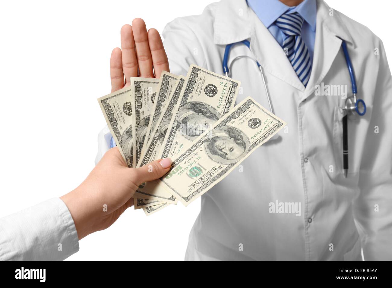 Doctor refusing to take bribe from woman on white background, closeup ...