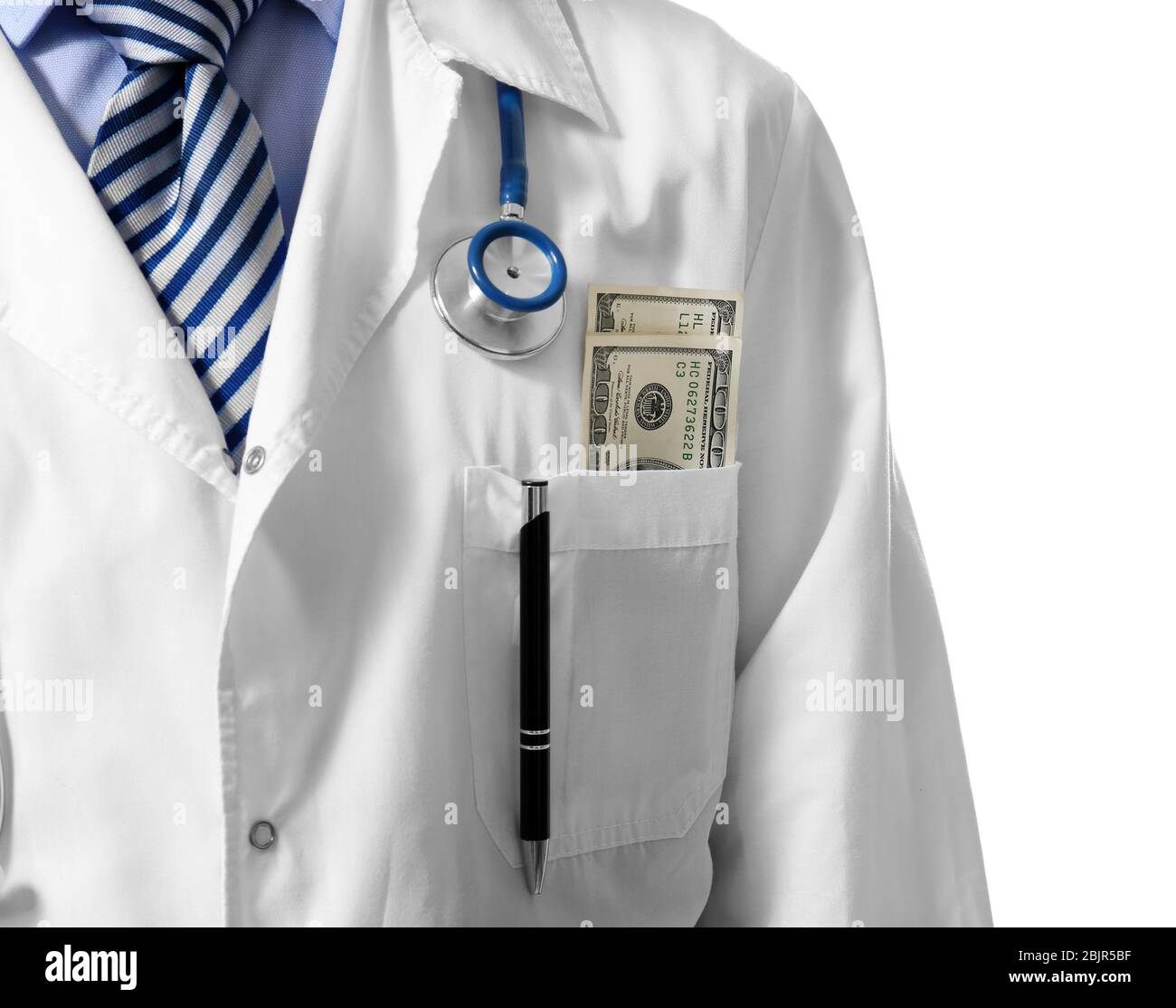 Doctor with money in pocket on white background, closeup Stock Photo ...