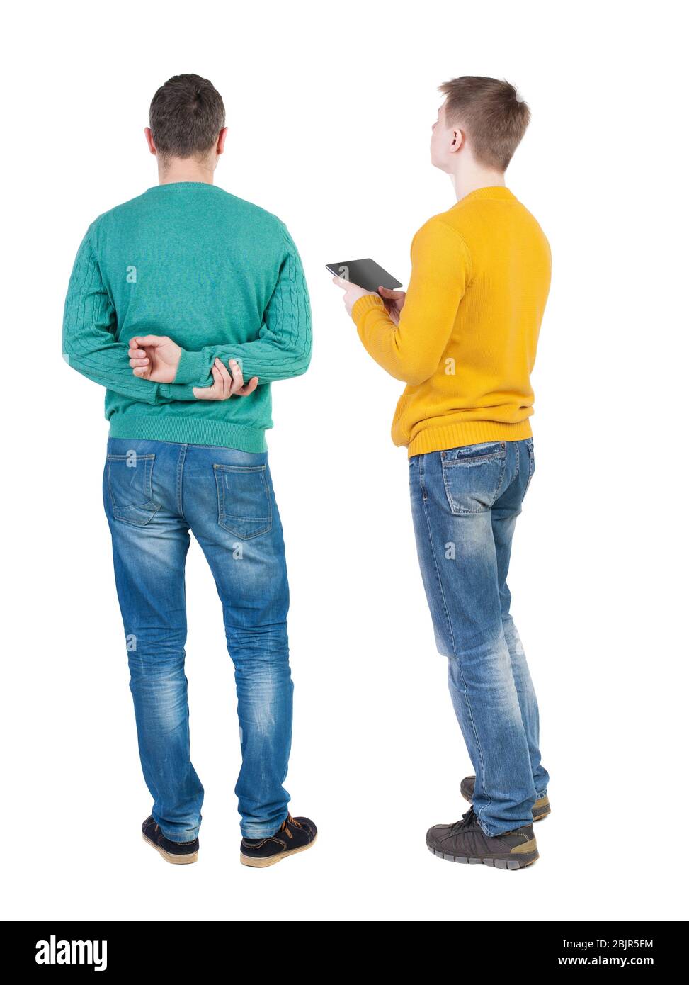 Back view of two man in sweater with mobile phone. Rear view people ...