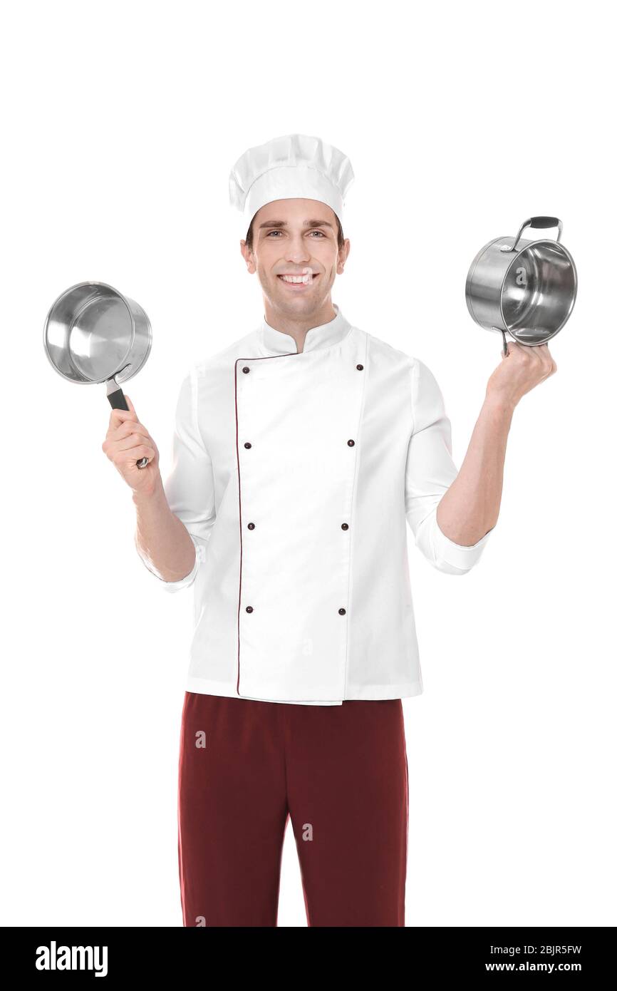 Young male chef with sauce pan and stewpan, isolated on white Stock ...