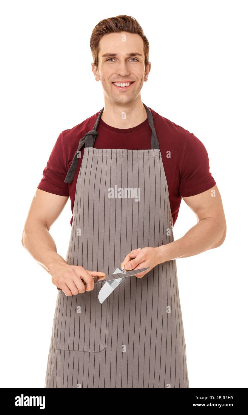 Young man with knives, isolated on white Stock Photo - Alamy