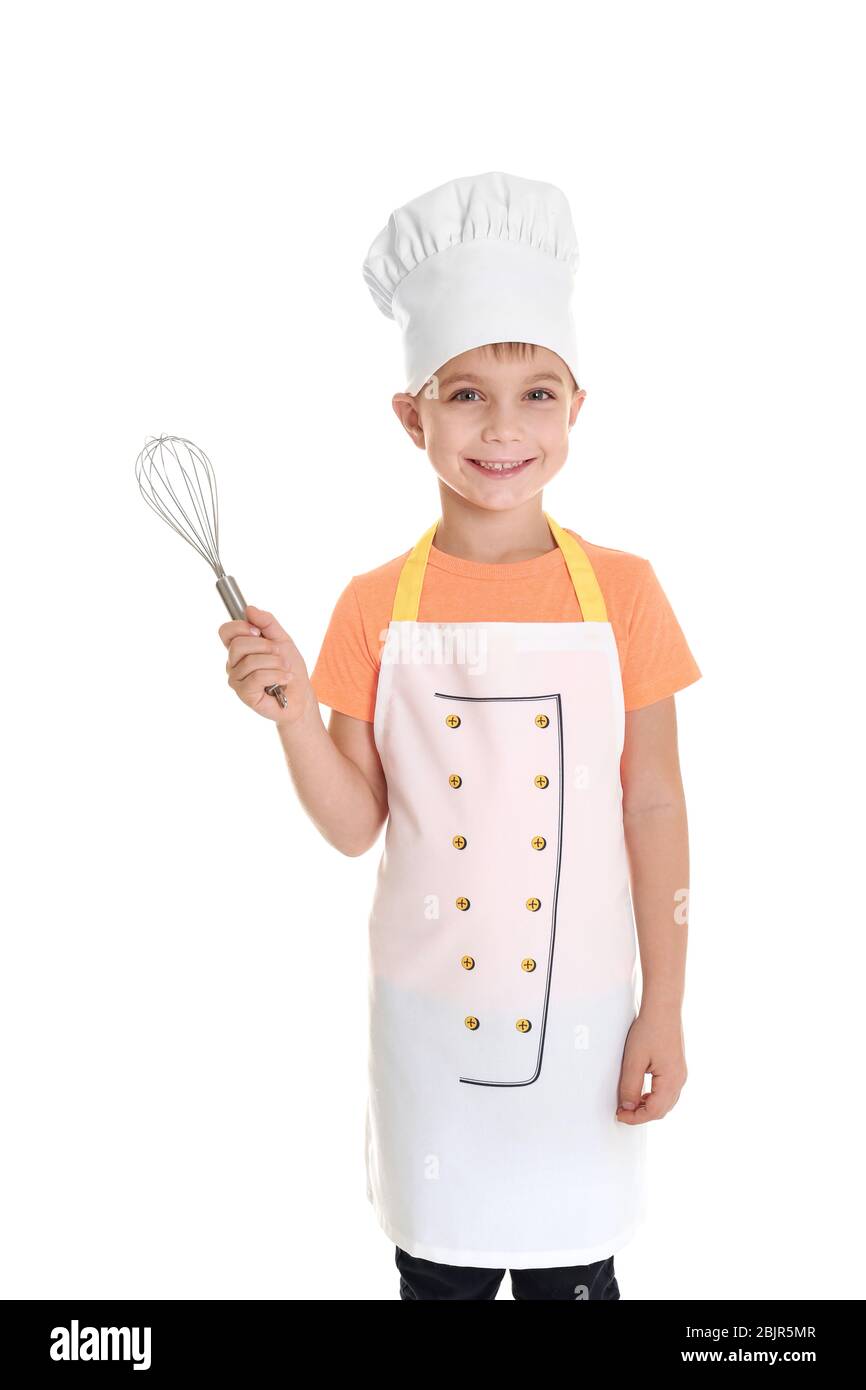 Cute boy in chef uniform with whisk, isolated on white Stock Photo - Alamy
