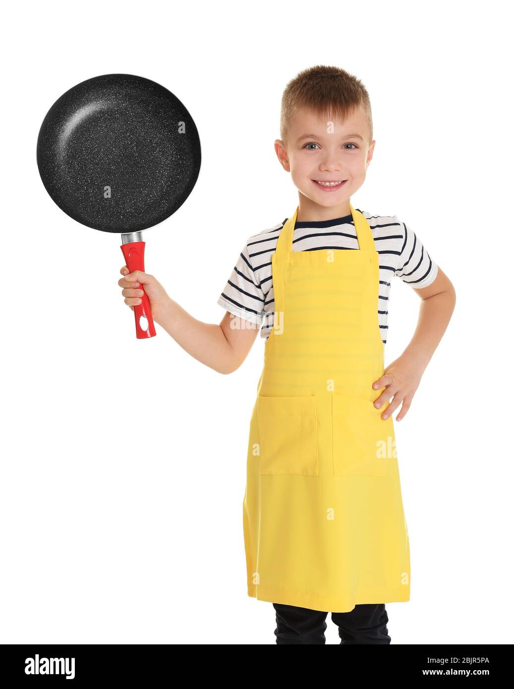 Cute boy with frying pan, isolated on white Stock Photo - Alamy