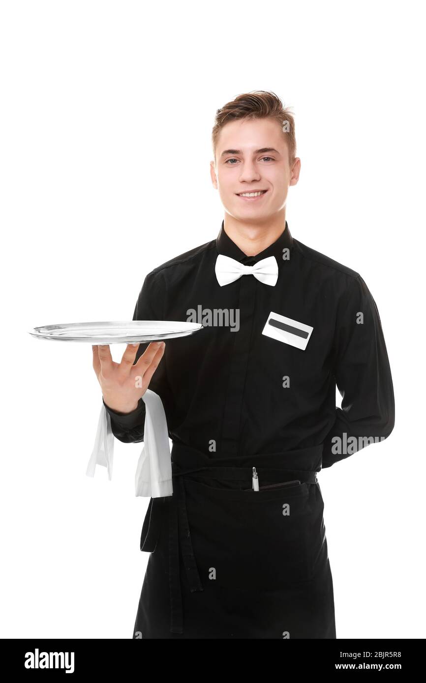 Waiter with metal tray on white background Stock Photo - Alamy