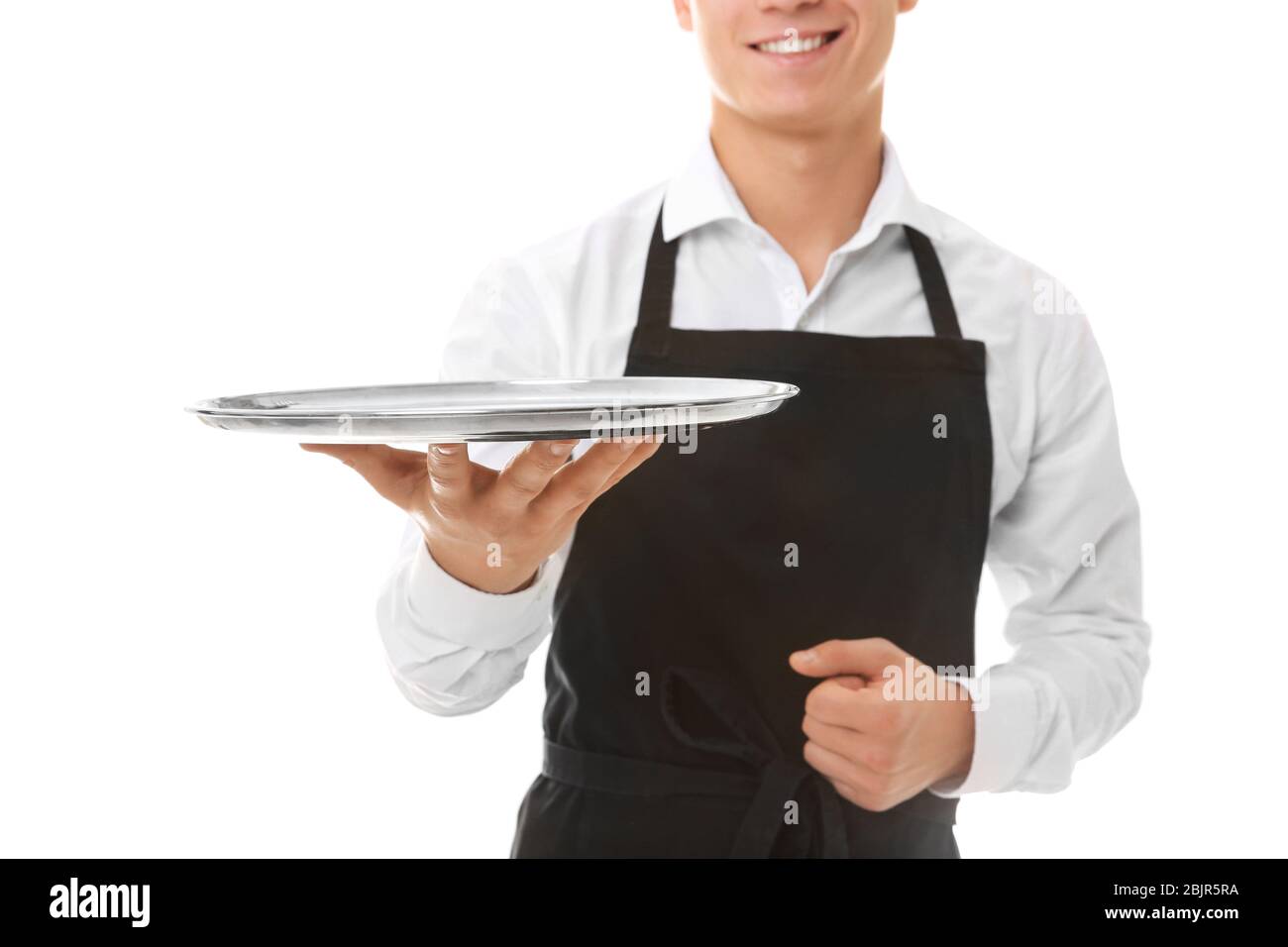 Waiter with metal tray on white background Stock Photo - Alamy