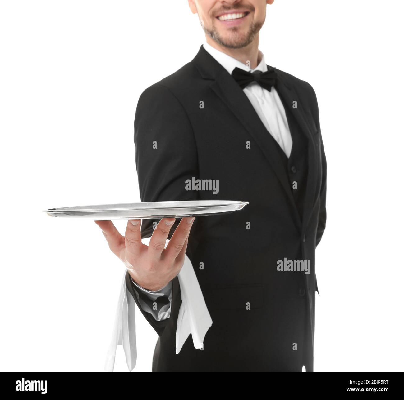 Waiter with metal tray on white background Stock Photo - Alamy