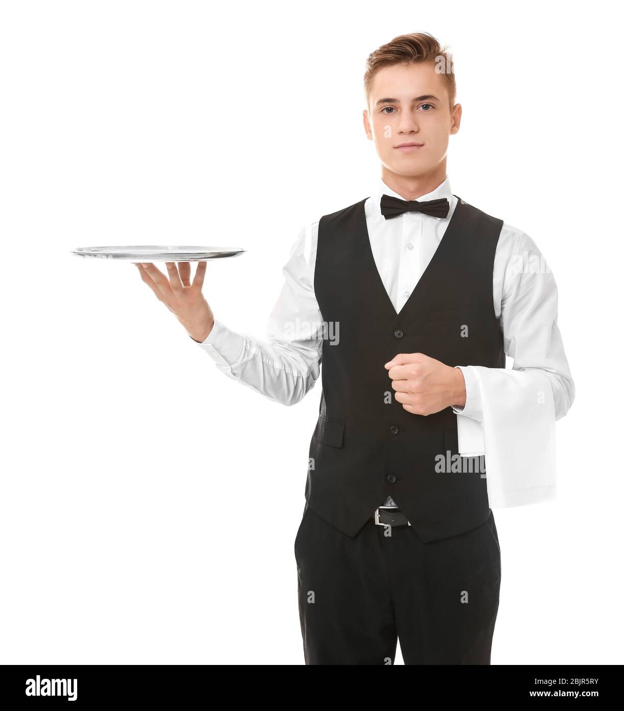 Waiter with metal tray on white background Stock Photo - Alamy