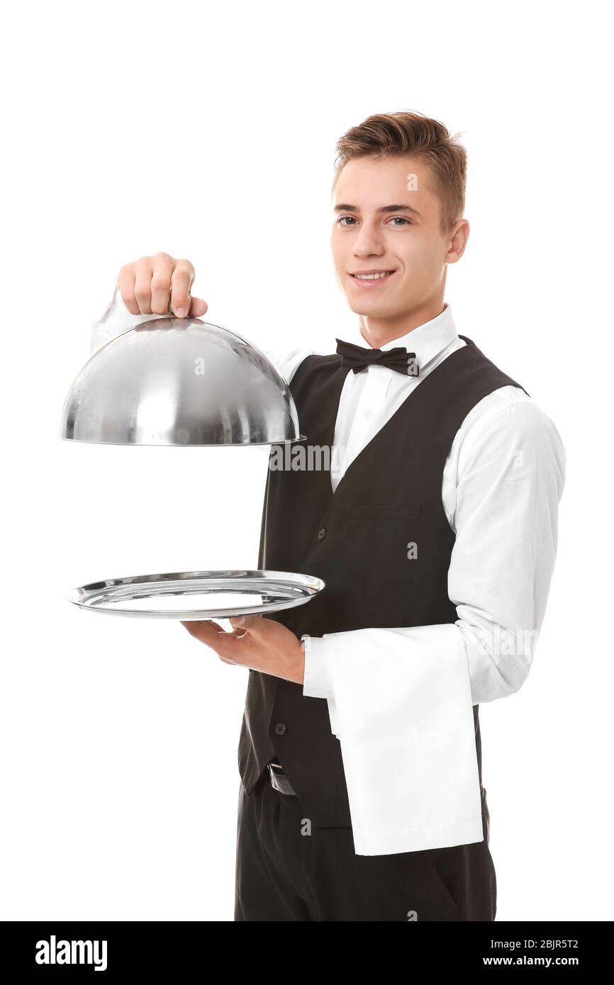Waiter with metal tray and cloche on white background Stock Photo - Alamy