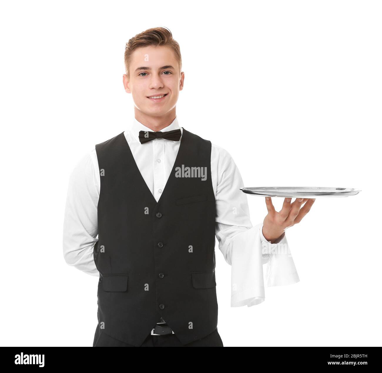 Waiter with metal tray on white background Stock Photo - Alamy
