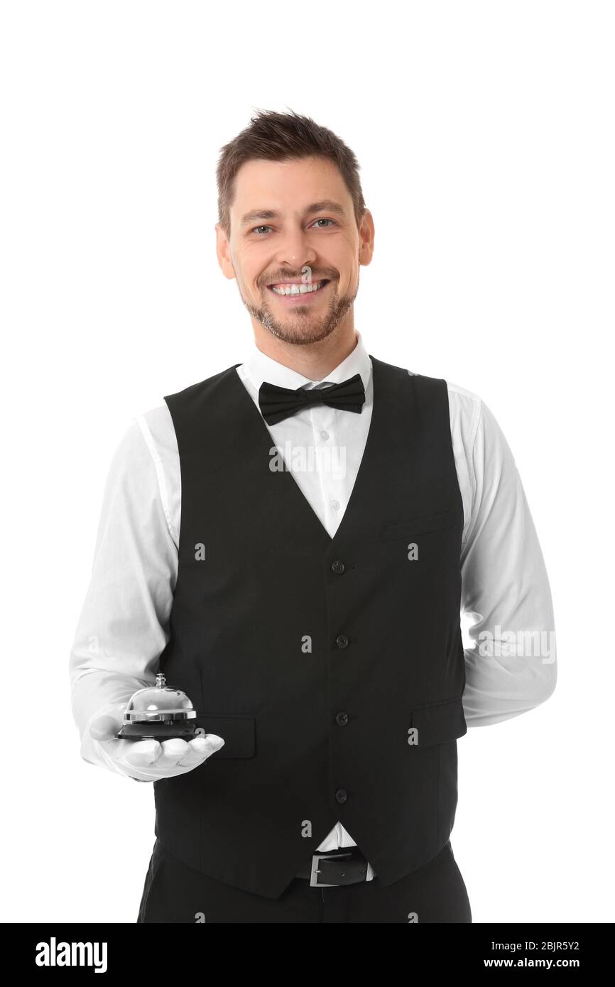 Waiter with service bell on white background Stock Photo - Alamy