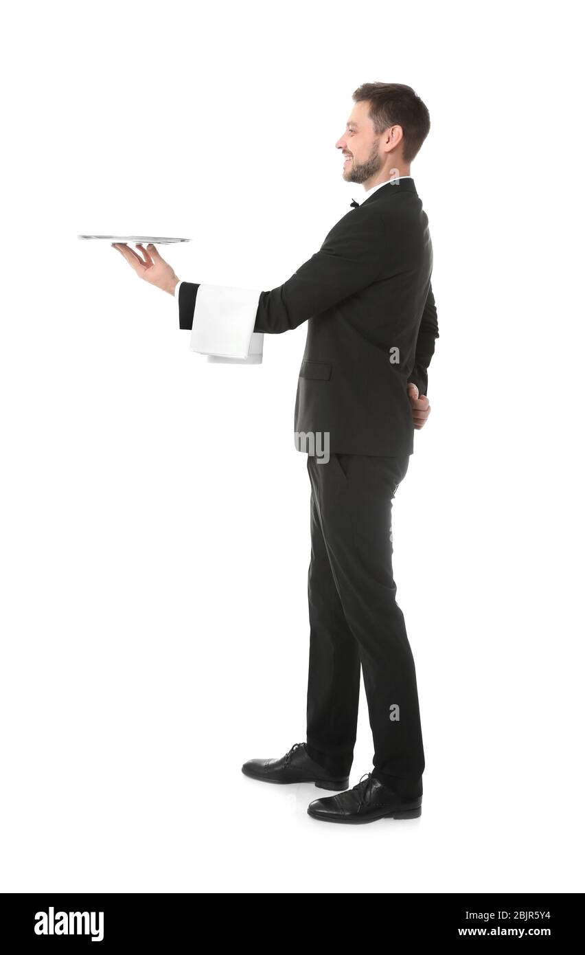Waiter with metal tray on white background Stock Photo - Alamy