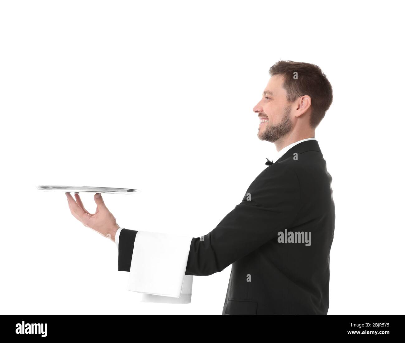 Waiter with metal tray on white background Stock Photo - Alamy