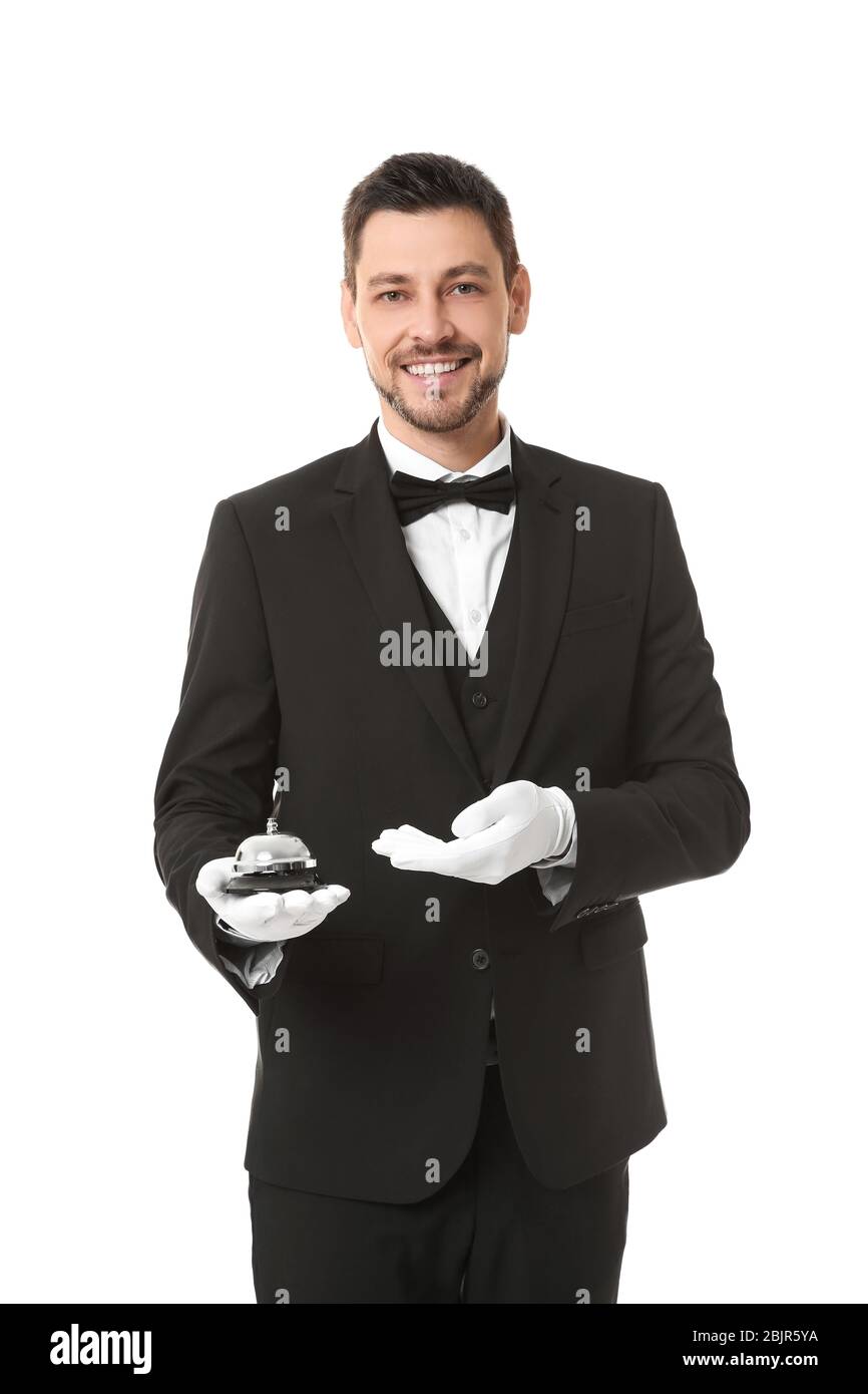 Waiter with service bell on white background Stock Photo - Alamy