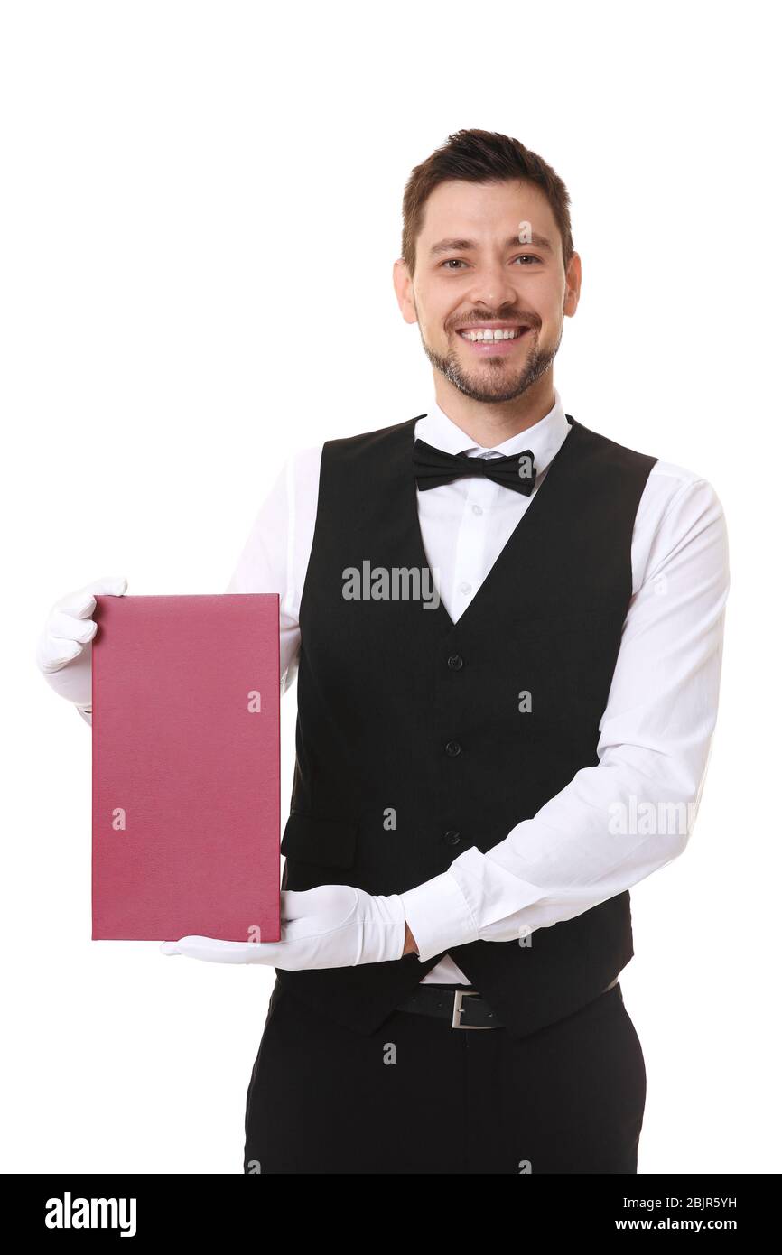 Handsome waiter with menu on white background Stock Photo - Alamy