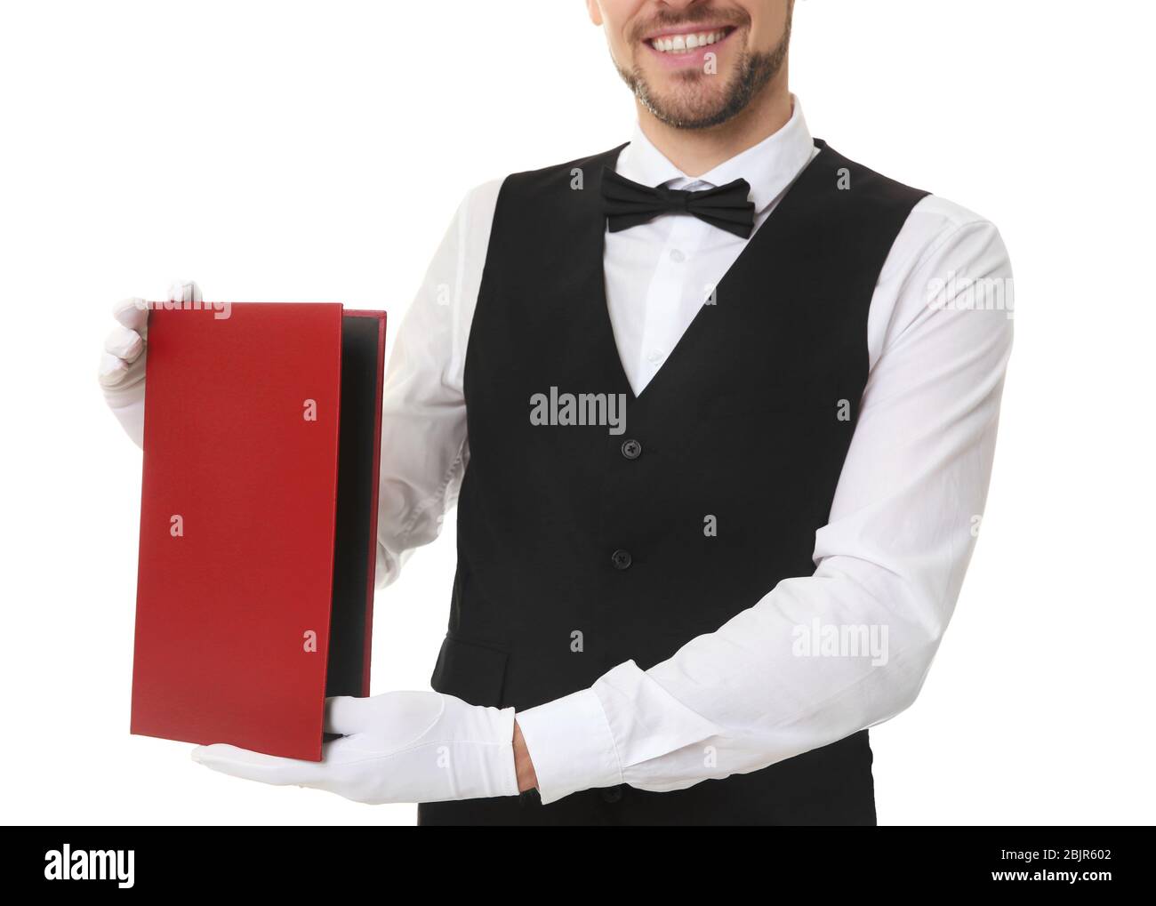 Handsome waiter with menu on white background Stock Photo - Alamy