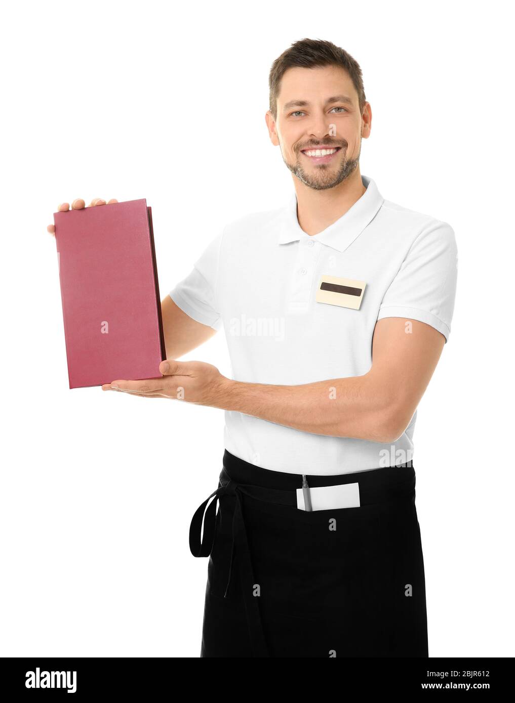 Handsome waiter with menu on white background Stock Photo - Alamy