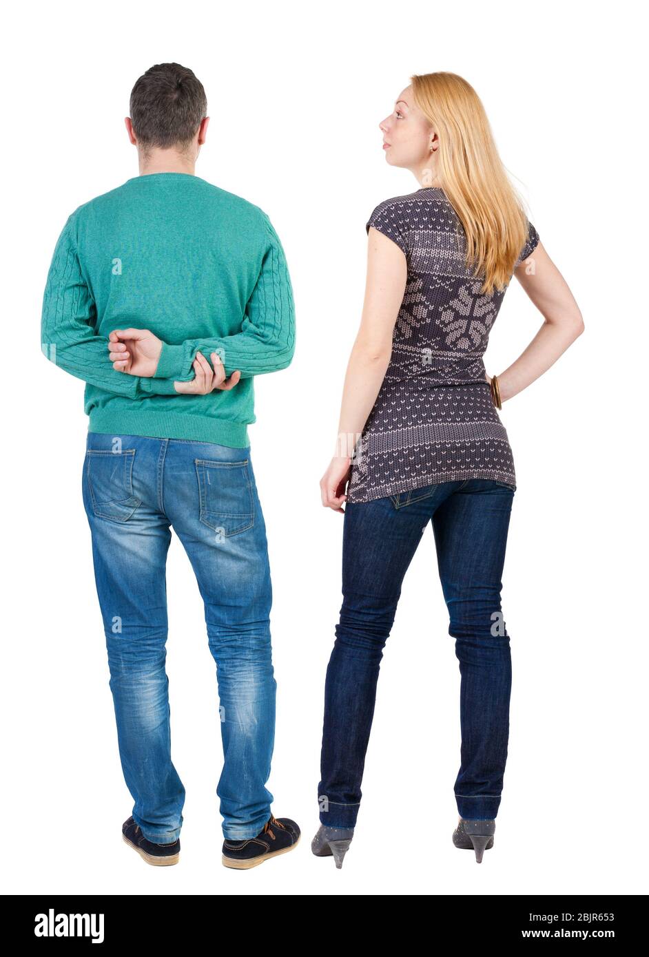 Back view couple in sweater. beautiful man and woman. Rear view people ...