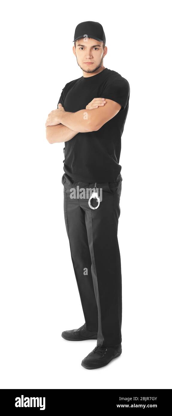 Male security guard on white background Stock Photo - Alamy