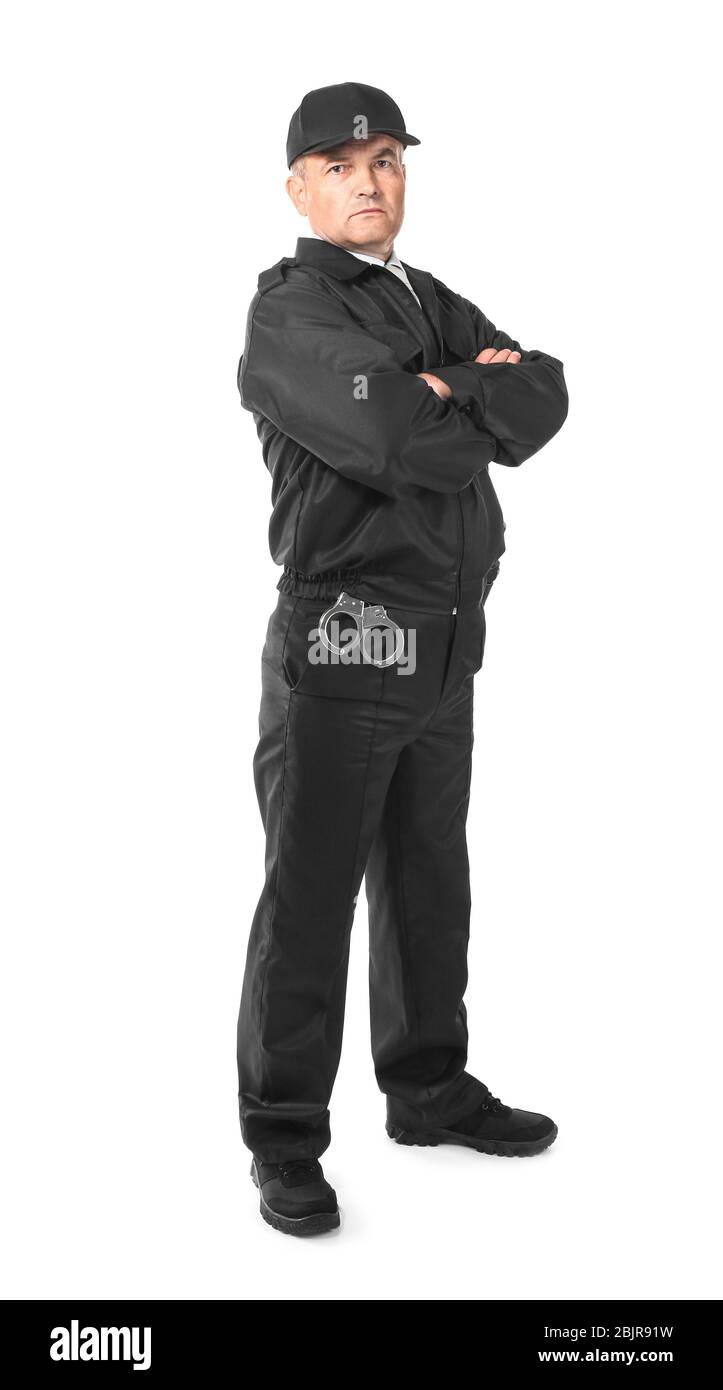 Male security guard standing on white background Stock Photo - Alamy