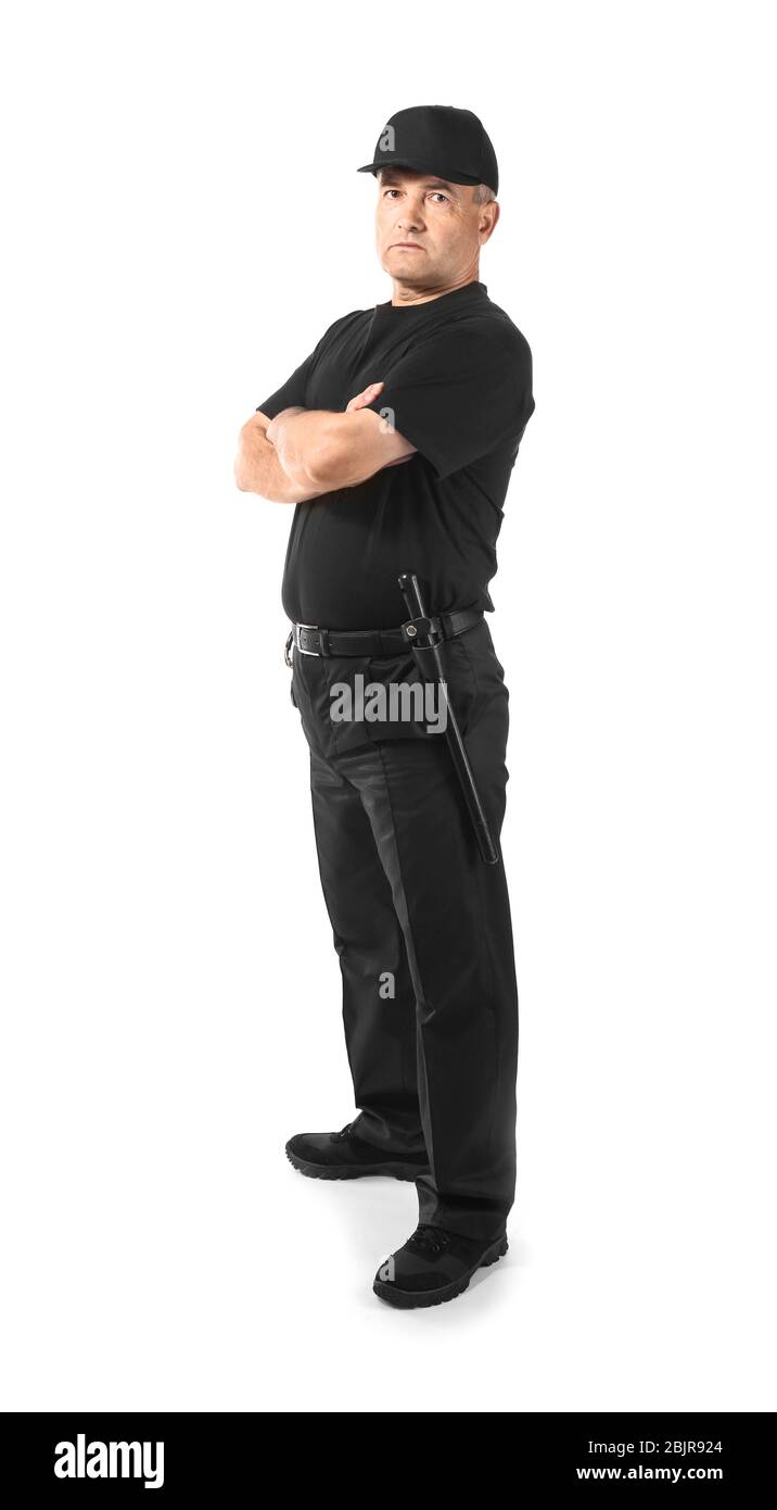 Male security guard standing on white background Stock Photo - Alamy