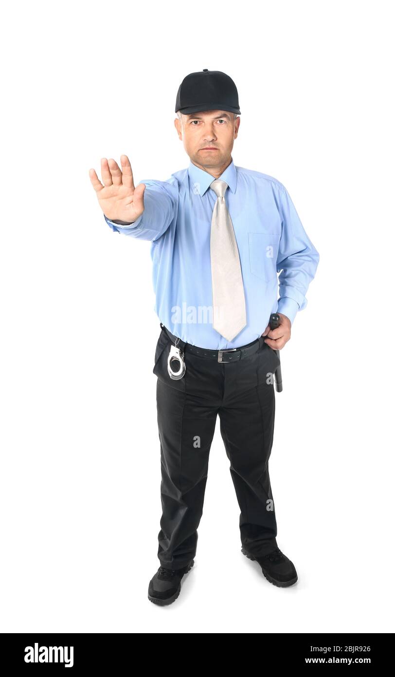 Male security guard standing on white background Stock Photo - Alamy