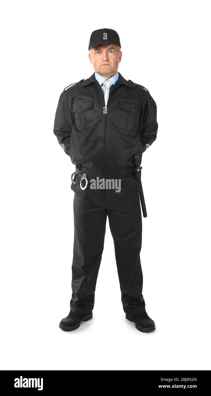 Male security guard standing on white background Stock Photo - Alamy