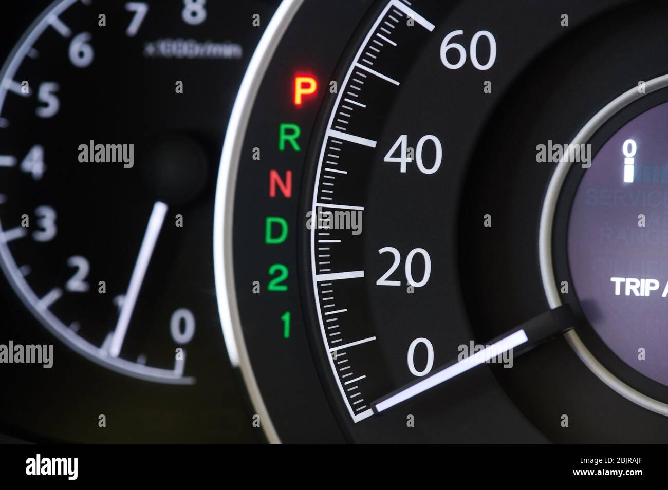 Macro of modern car dashboard with speedometer indicator Stock Photo ...