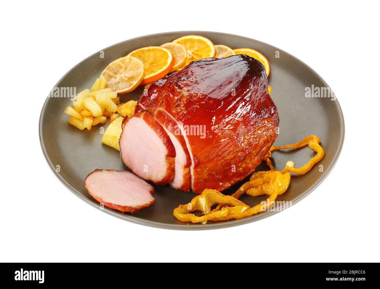 Plate with traditional honey baked ham, fruits and vegetables, isolated ...