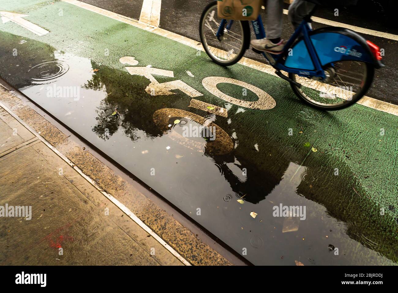 A puddle in a bike lane in the rain in the Chelsea neighborhood of New ...