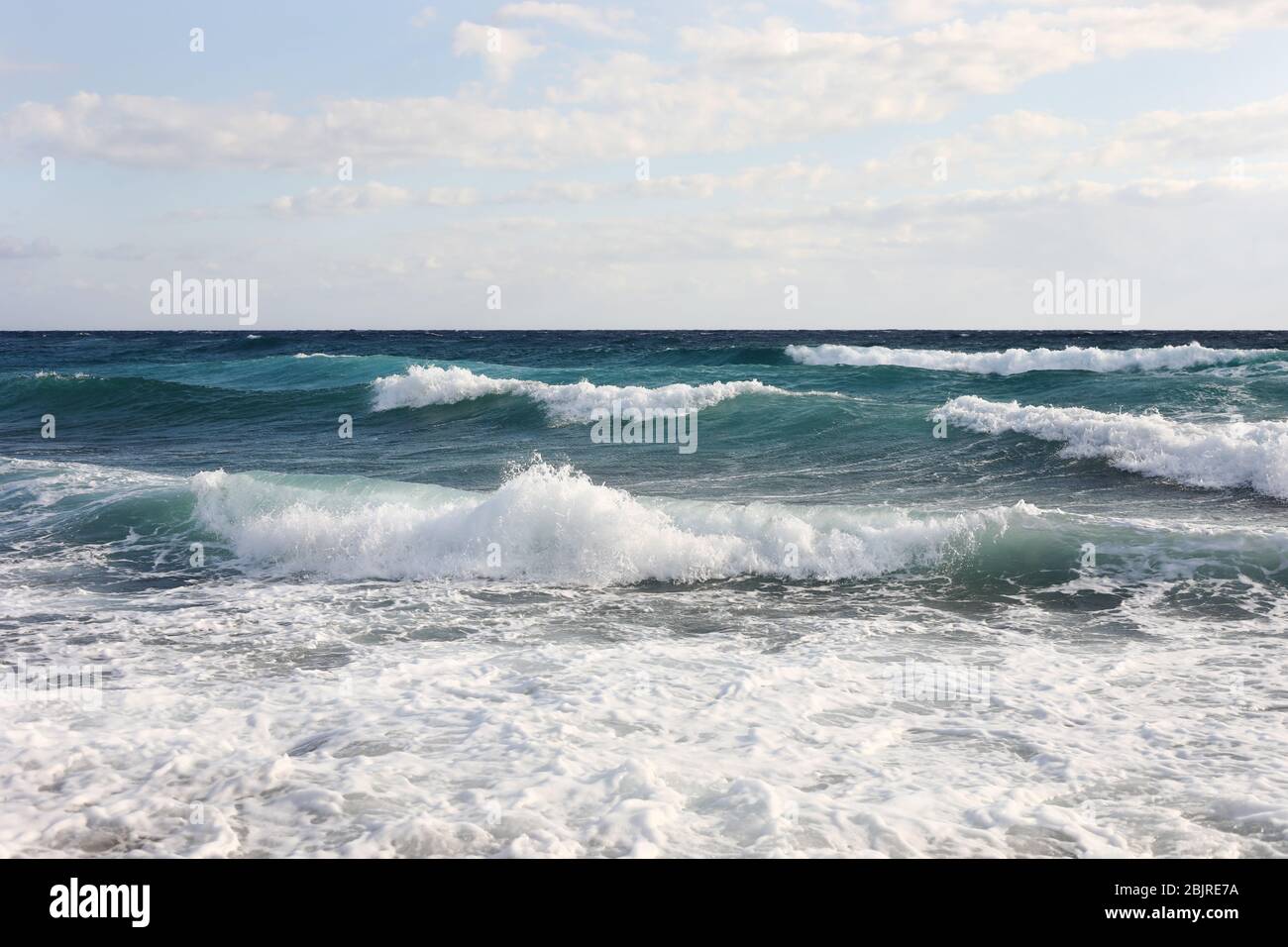 sea waves on the surface of sea water during strong winds and bad ...