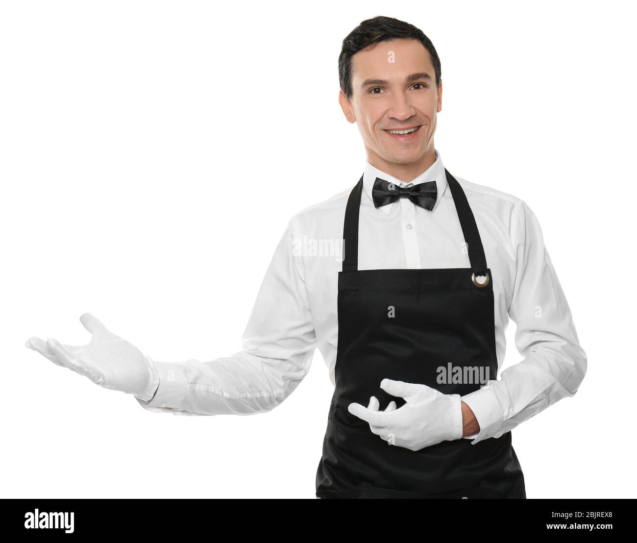Waiter in black apron on white background Stock Photo - Alamy