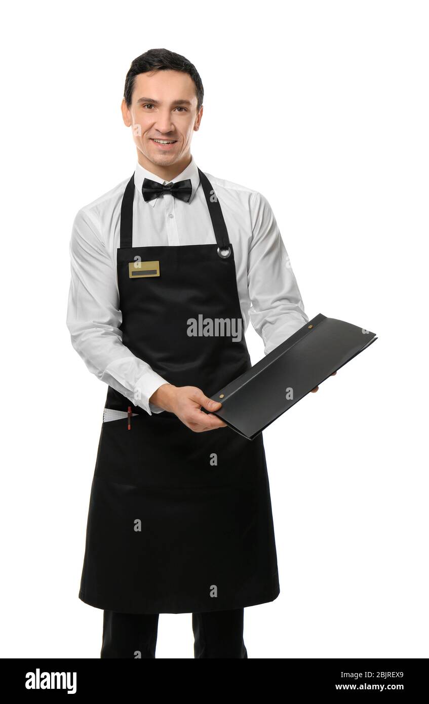 Waiter holding menu on white background Stock Photo - Alamy