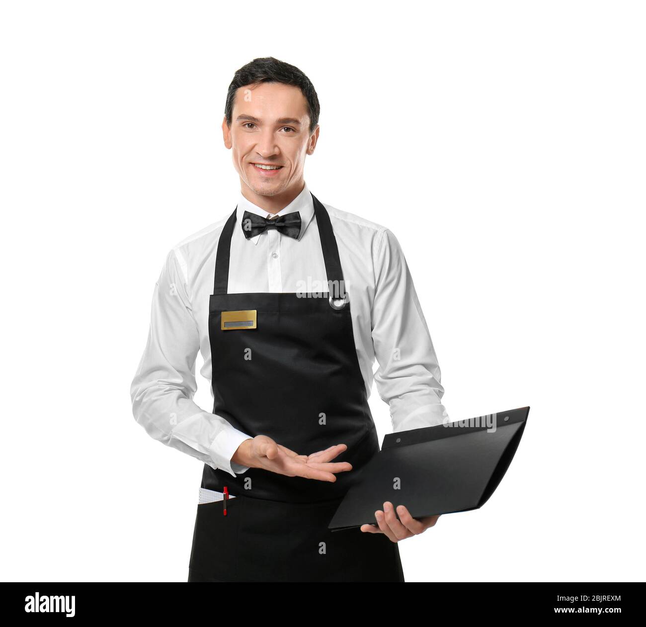 Waiter holding menu on white background Stock Photo - Alamy