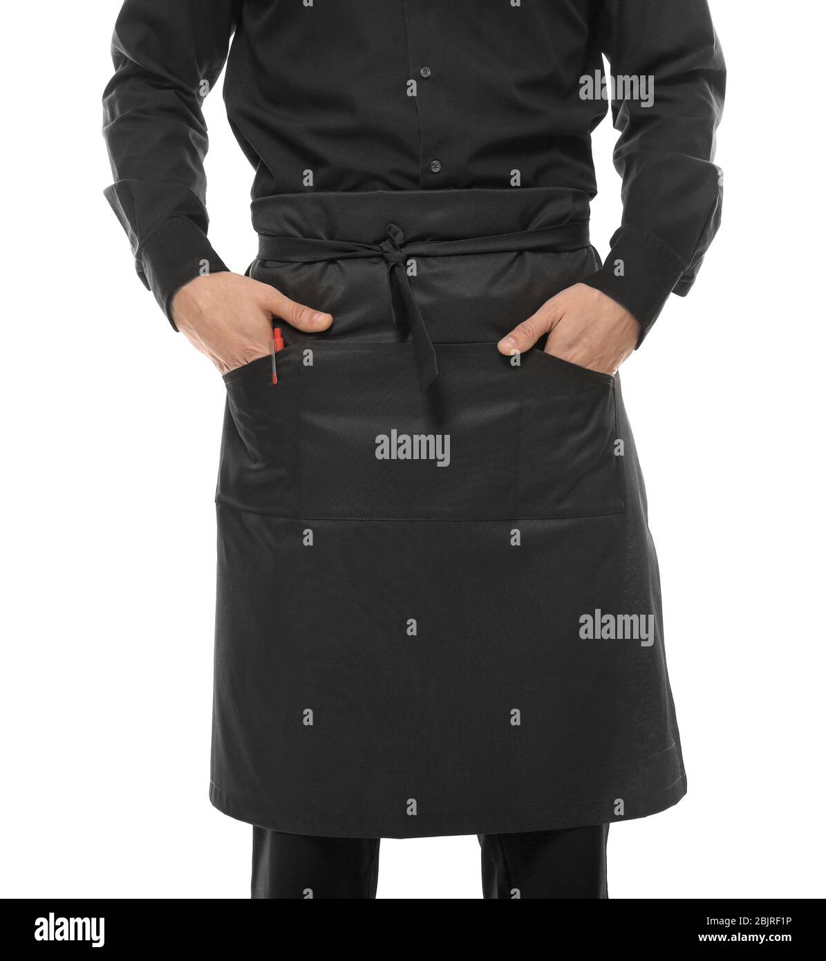Waiter in black apron on white background Stock Photo - Alamy