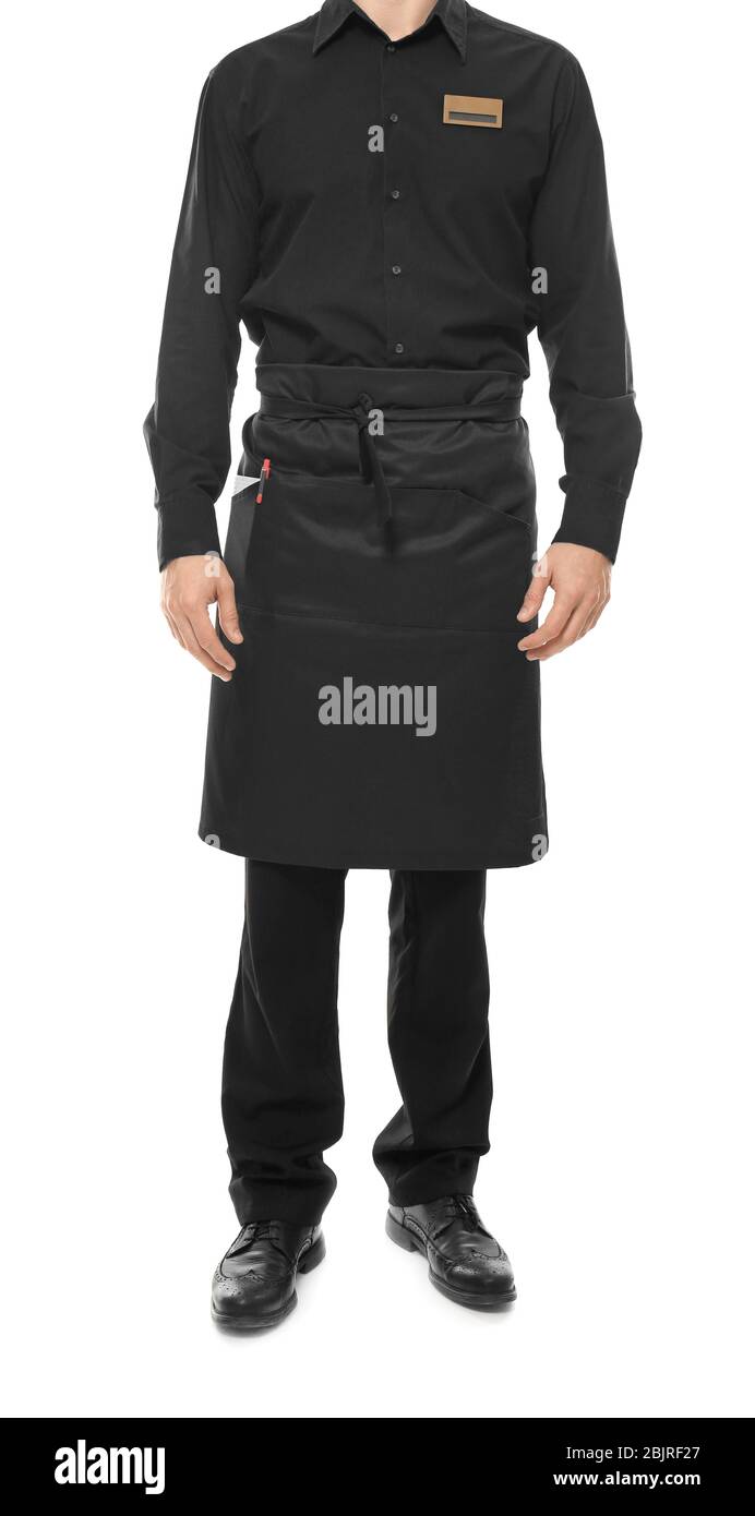 Waiter in black apron on white background Stock Photo - Alamy