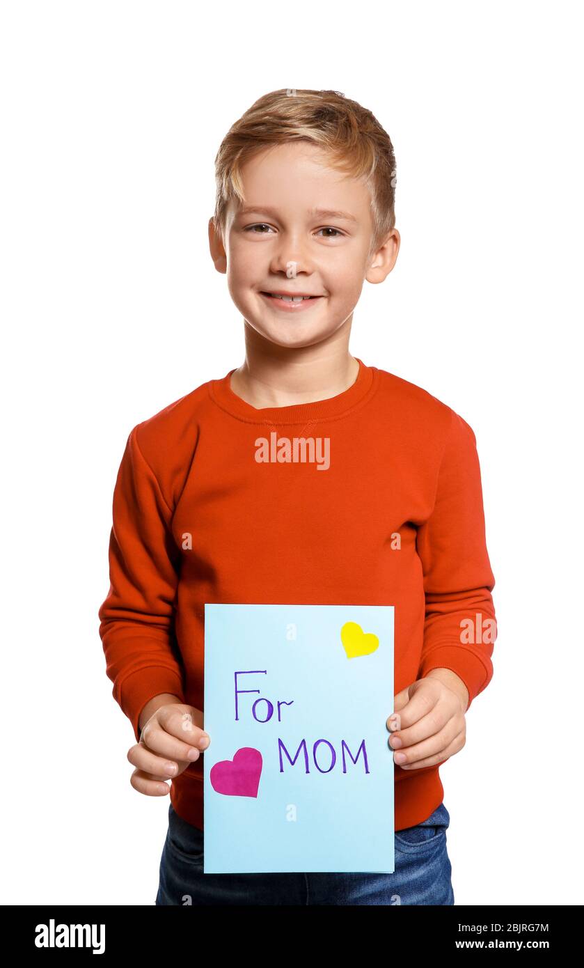 Cute little boy with greeting card for Mother's Day on white background ...