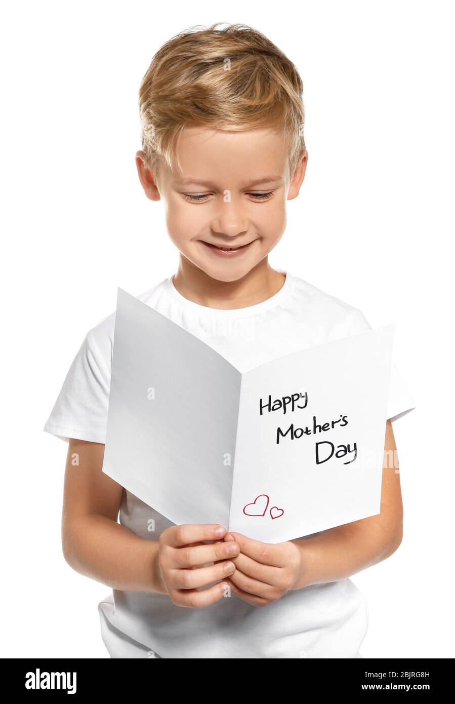 Cute little boy with greeting card for Mother's Day on white background ...